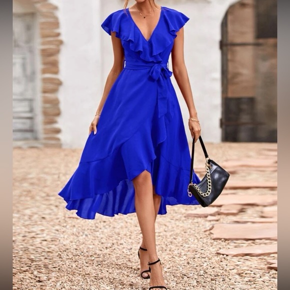 Dresses | Boho Royal Blue Ruffle Hem Wrap Belted Maxi Dress | Poshmark